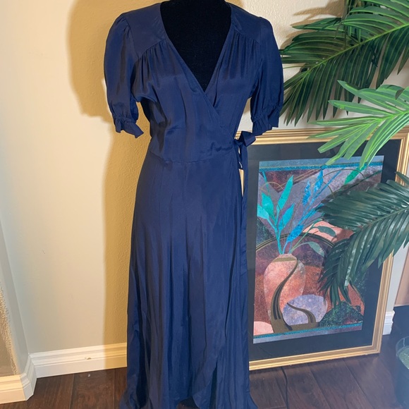 Reformation | Dresses | Reformation Navy Blue Puff Sleeve Maxi Wrap ...